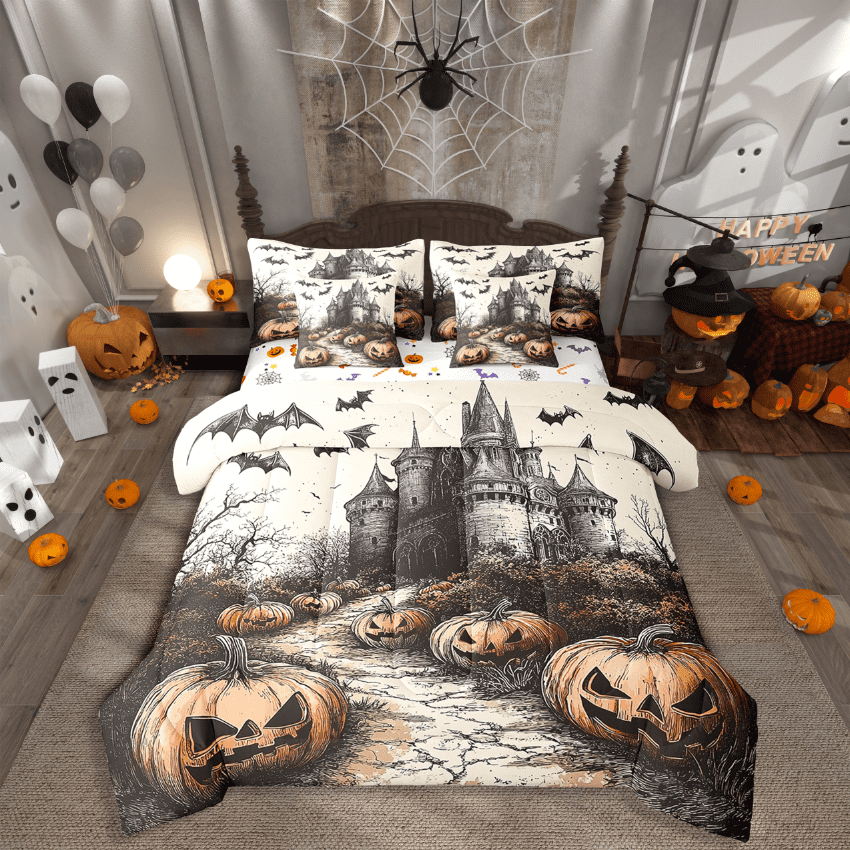 Manfei Botanical Pumpkin Bedding Sets Twin Size,Gothic Castle Comforter ...