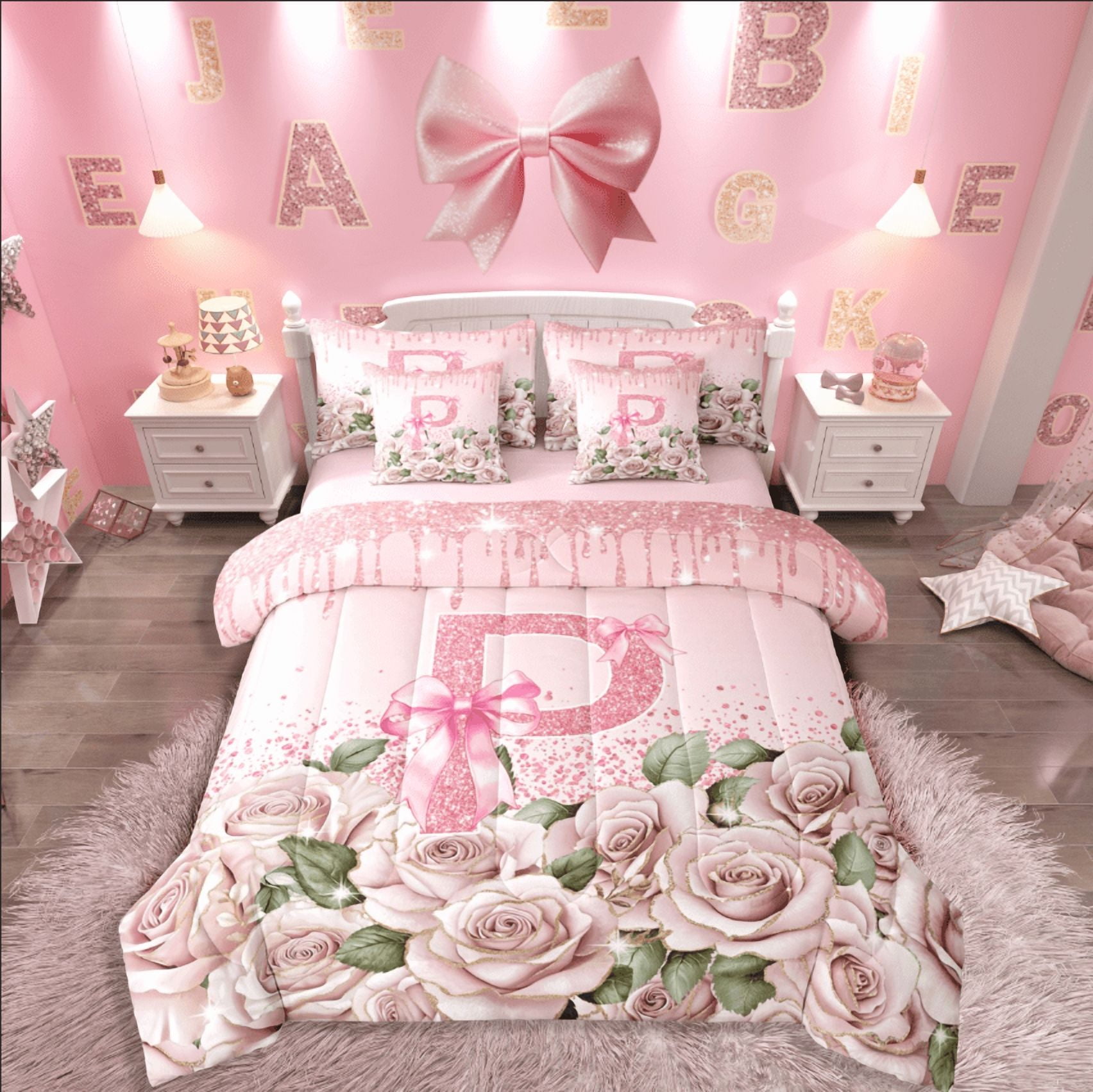 Manfei Bow Alphabet 3 Pieces Queen Comforter Set,Floral Rose Ultra Soft ...