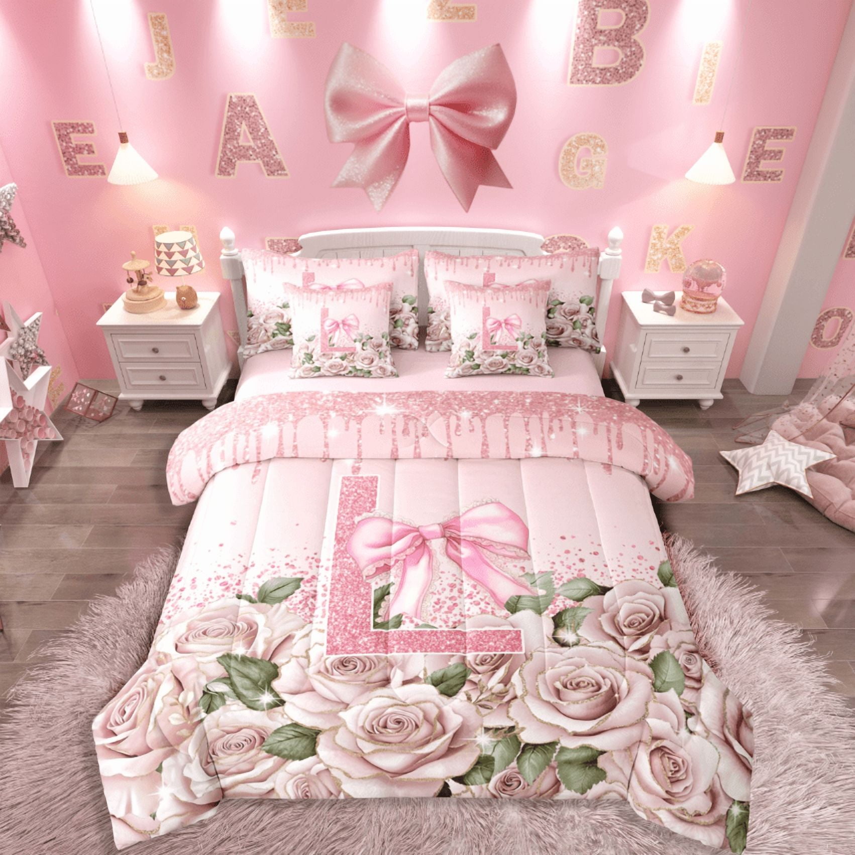 Manfei Bow Alphabet 3 Pieces Queen Comforter Set,Floral Rose Ultra Soft ...