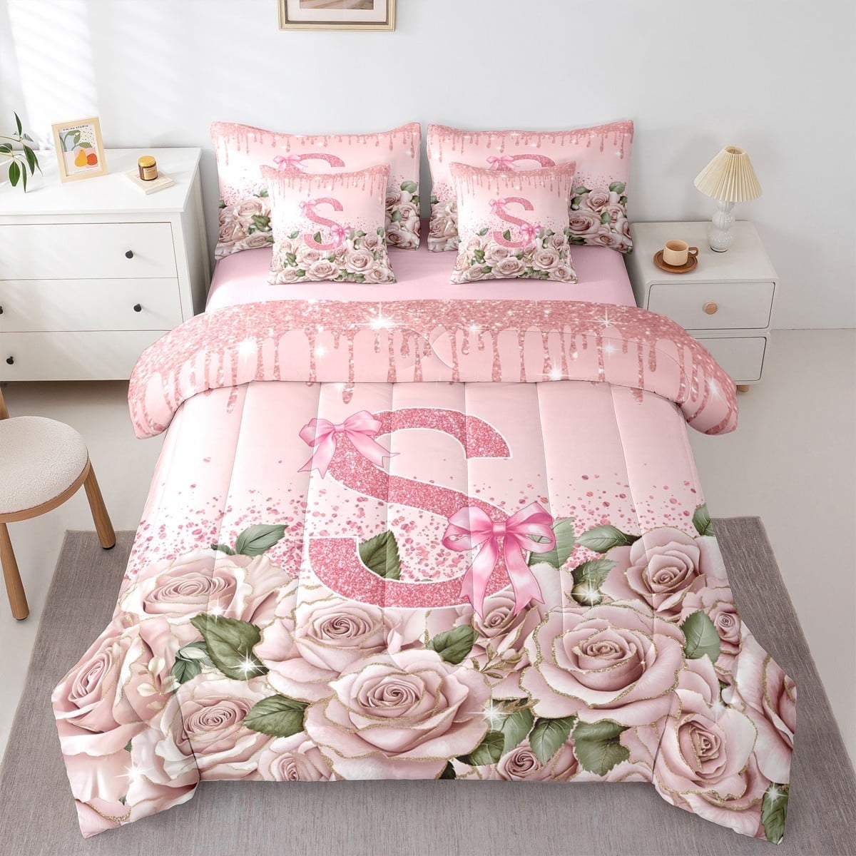 Manfei Bow Alphabet 7-Piece Twin Bedding Sets,Floral Rose Bedding ...