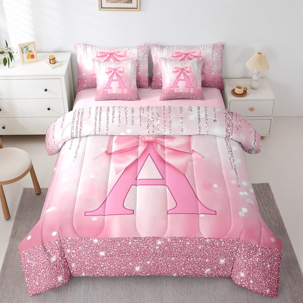 Manfei Bow Initial 7pcs Bedding Comforter Set,Bling Glitter Queen ...