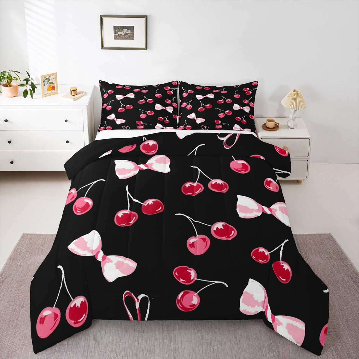 Manfei Bow Knot Ribbon Full Size Comforter Sets,Cartoon Cherry Bedding ...