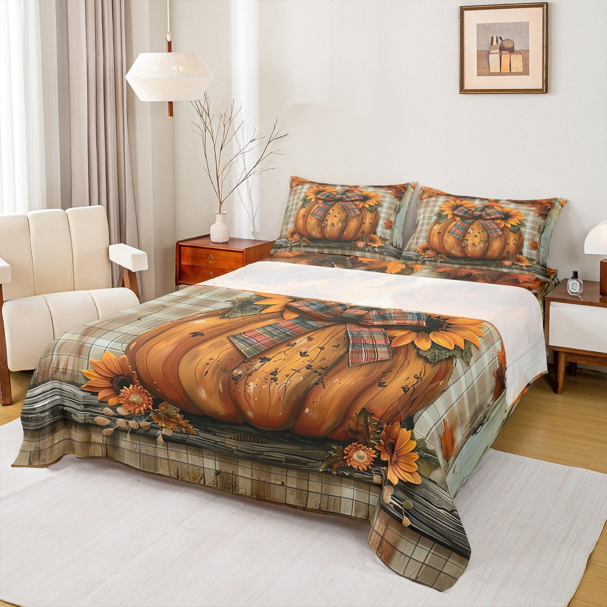 Manfei Bowknot Pumpkin Sheet Set King, Happy Harvest Bed Sheets Set ...