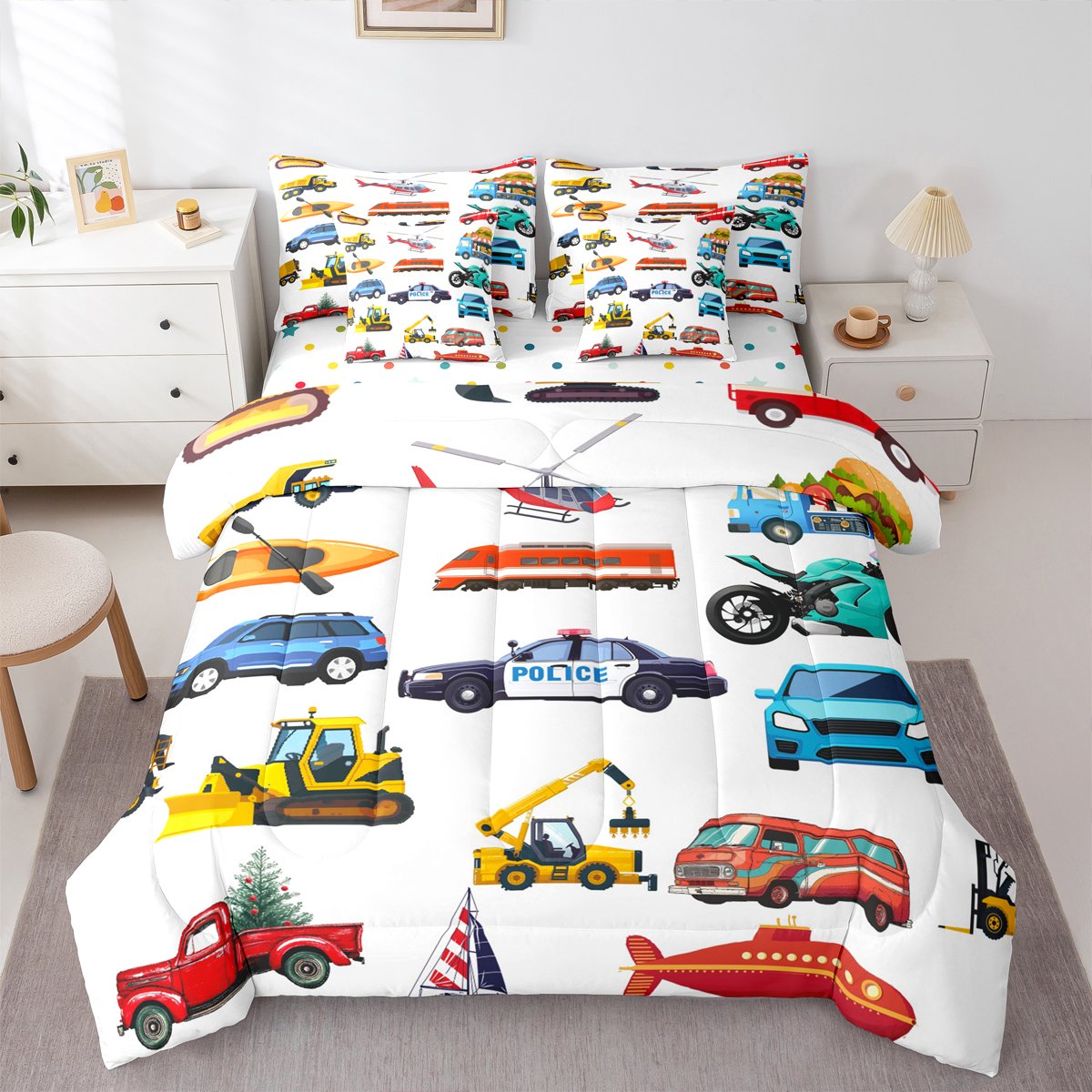 Manfei Boys Cars Bedding Comforter Set 7-Piece,Cartoon Police Car King ...
