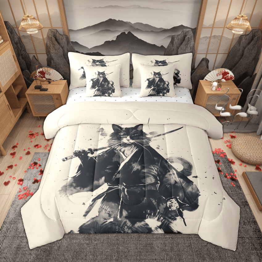 Manfei Boys Cat Samurai Bedding Comforter Set 7pcs, Vintage Japanese ...