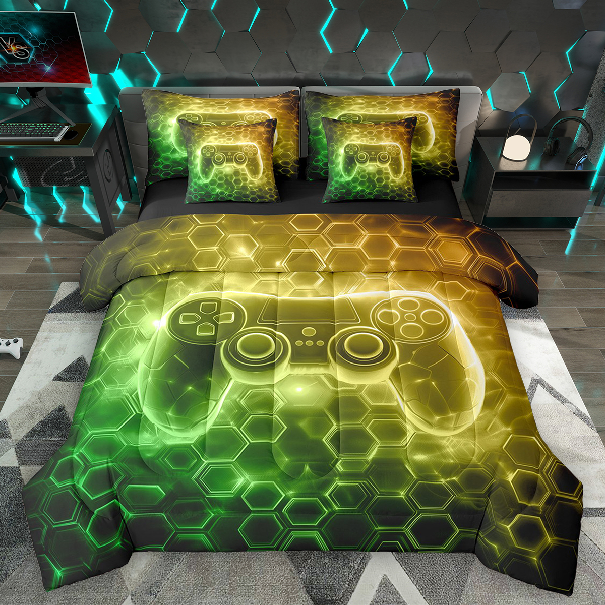 Manfei Boys Gaming Gamer Bedding Comforter Set 7 Pieces, Gradient Game ...