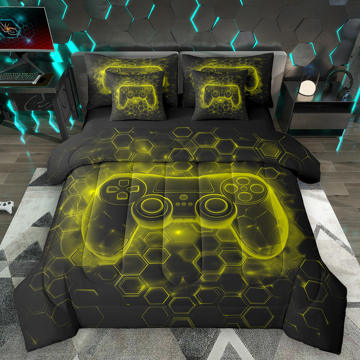 Manfei Boys Gaming Gamer Bedding Comforter Set 7 Pieces, Gradient Game ...
