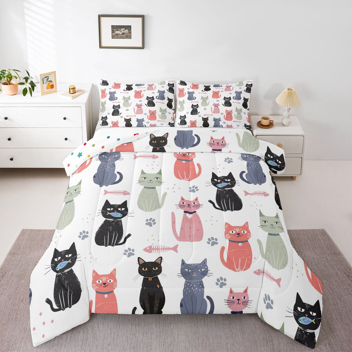 Manfei Boys Girls Cute Cats Full Size Comforter Sets 3-Piece,Kawaii ...