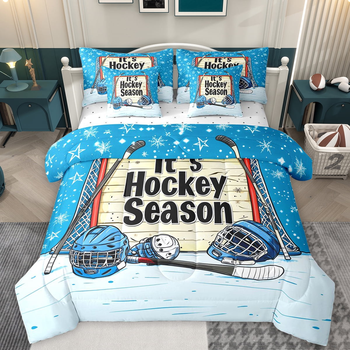 Manfei Boys Ice Hockey Bedding Comforter Set 7pcs, Modern Sports Lover ...