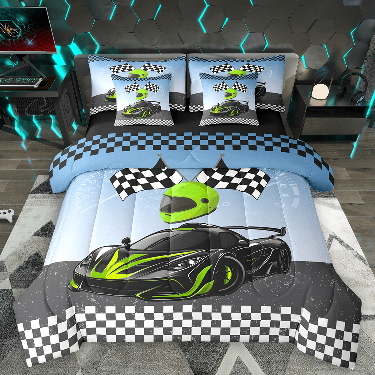 Manfei Boys Sports Car Bedding Comforter Set 7-Piece, Speed Game Racing ...