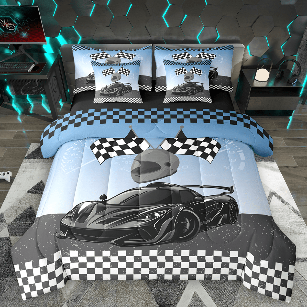 Manfei Boys Sports Car Bedding Comforter Set 7pcs, Speed Game Racing ...