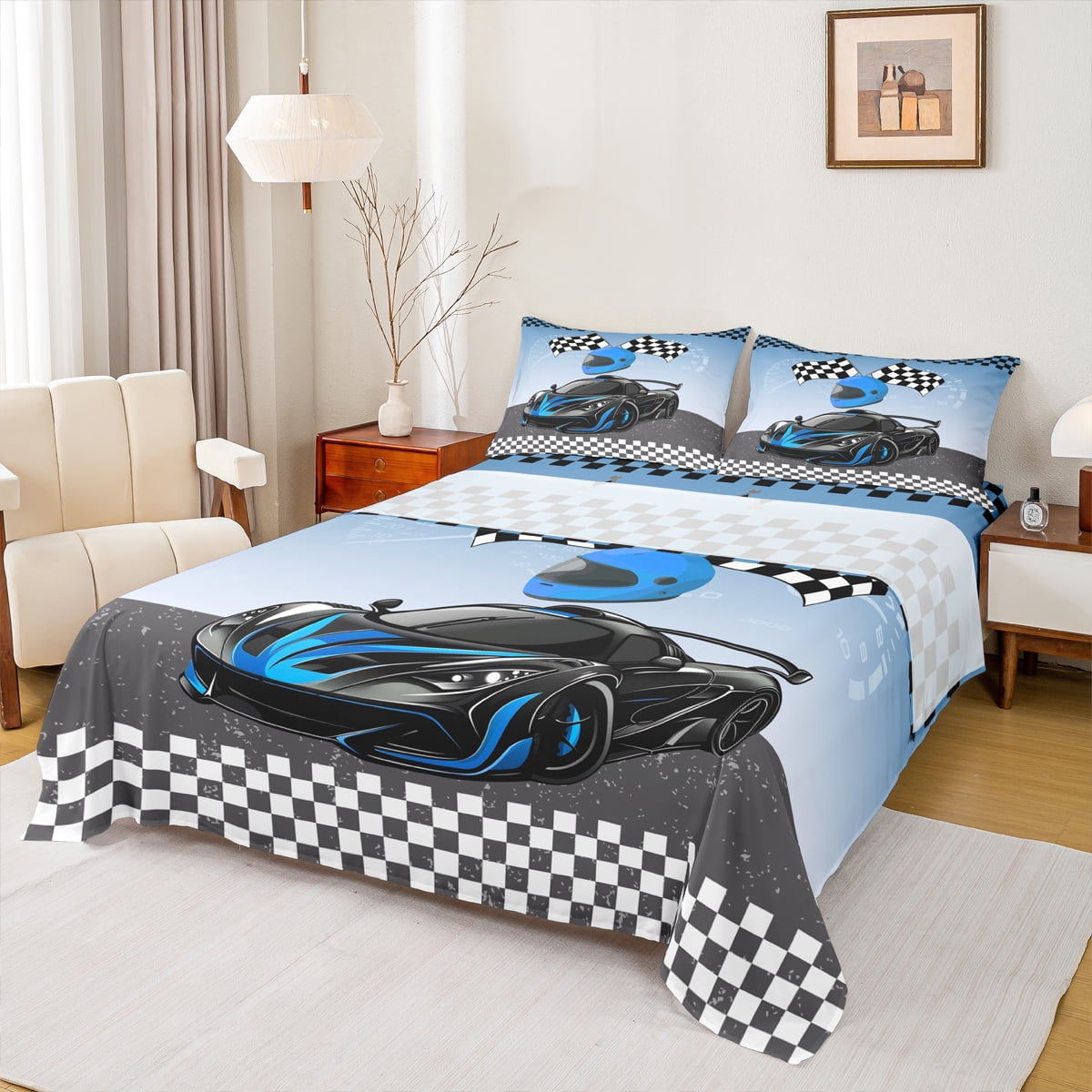 Manfei Boys Sports Car Twin Sheet Sets 3pcs, Speed Game Racing Flag ...