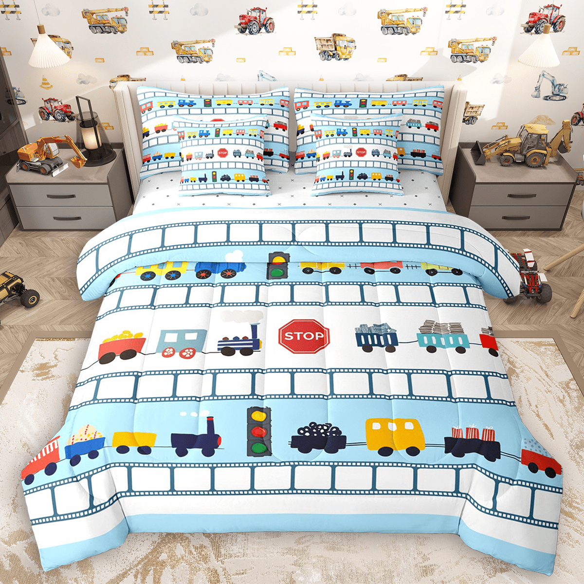 Manfei Boys Train Bedding Comforter Set 7 Pieces, Cartoon Steam Engine ...