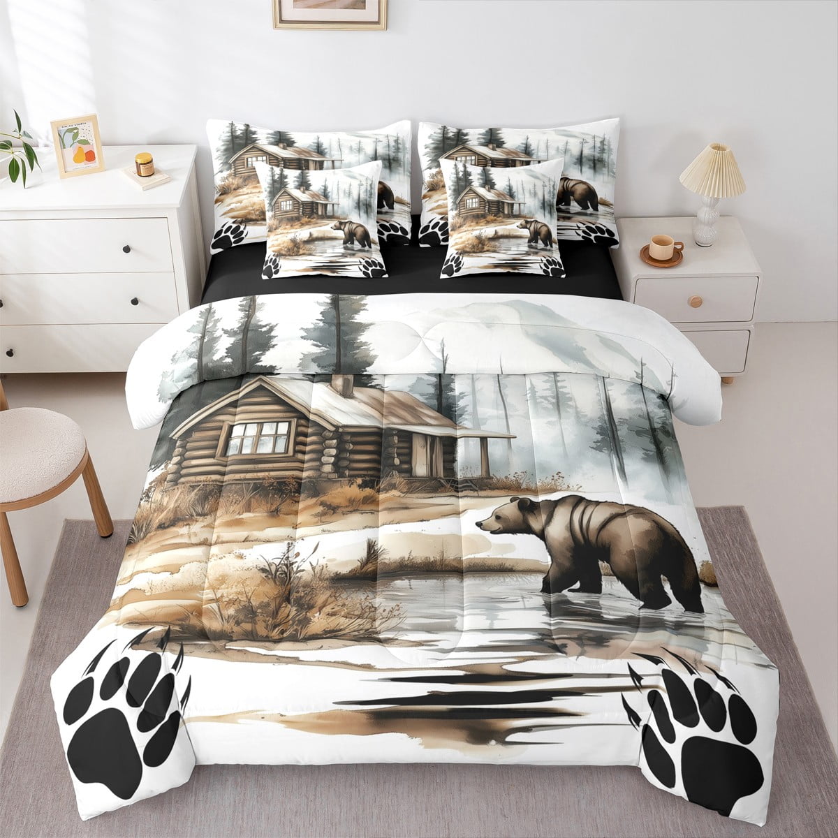 Manfei Brown Bear Bedding Comforter Set 7pcs for Kids, Rustic Lodge ...