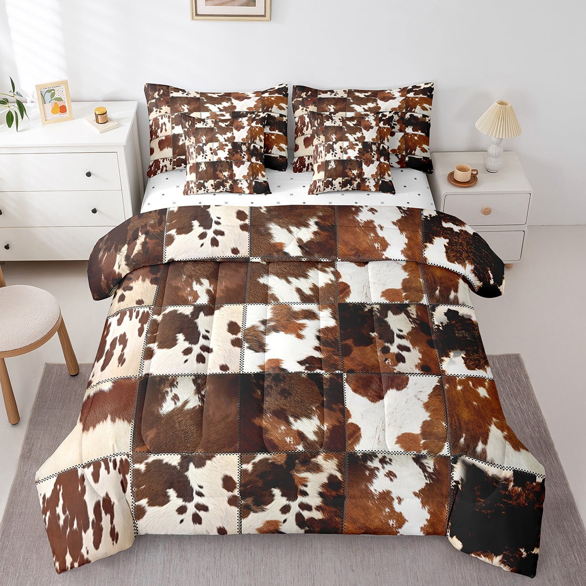 Feelyou Brown Cow Print Bedding Comforter Set 7-Piece, Rustic Farmhouse ...