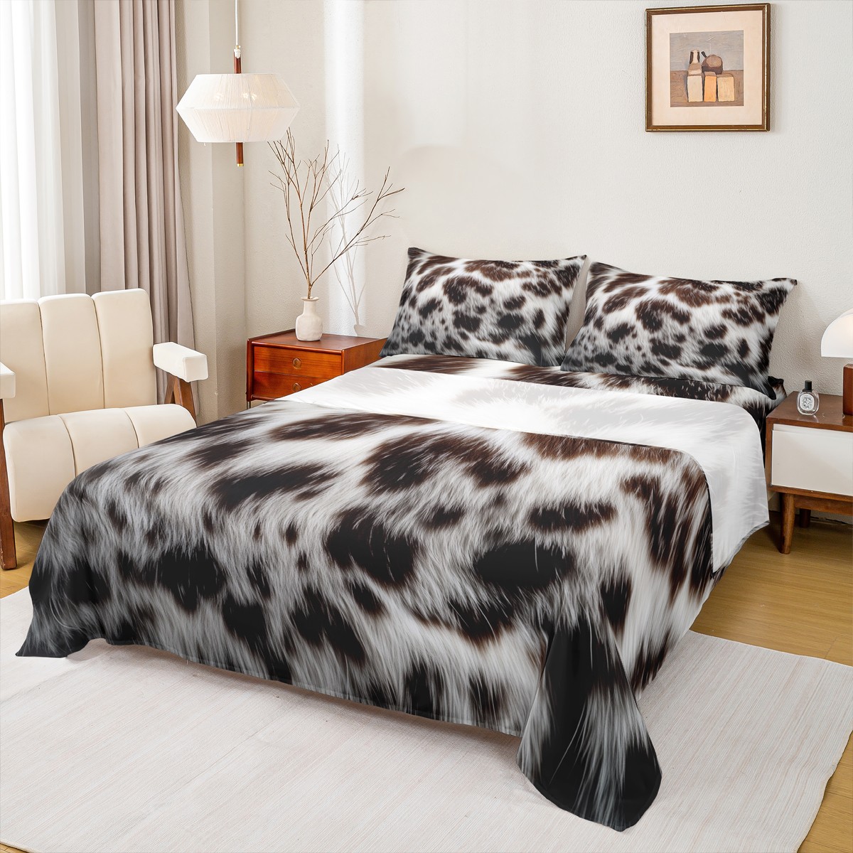 Manfei Brown Cow Print Queen Sheet Sets,Western Rustic Farmhouse Flat ...