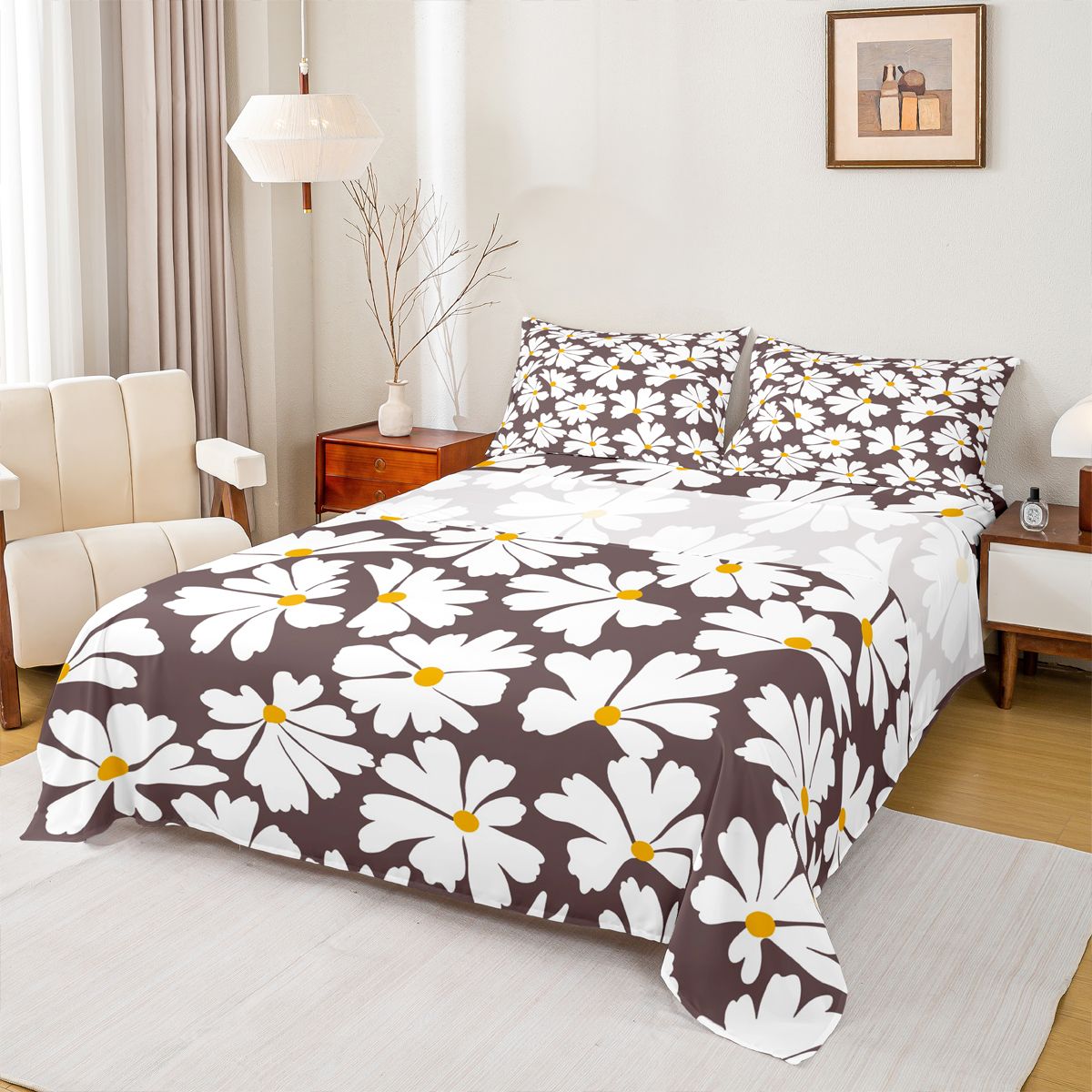 Homewish Brown Daisy Groovy Full Size Sheets, Cartoon Flower Floral Bed ...