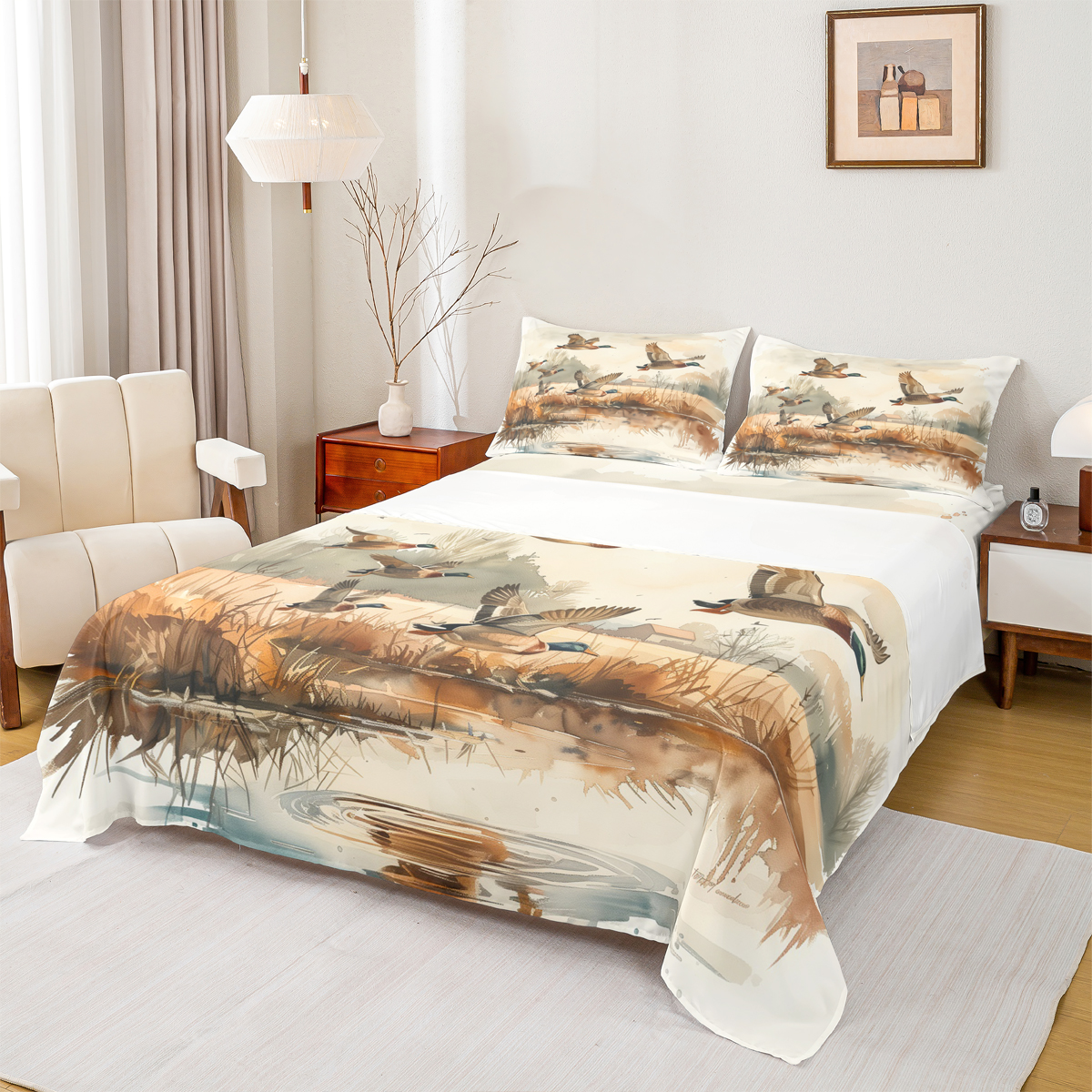 Manfei Brown Mallard Duck Queen Sheet Sets,Rustic Farmhouse Cabin Flat ...