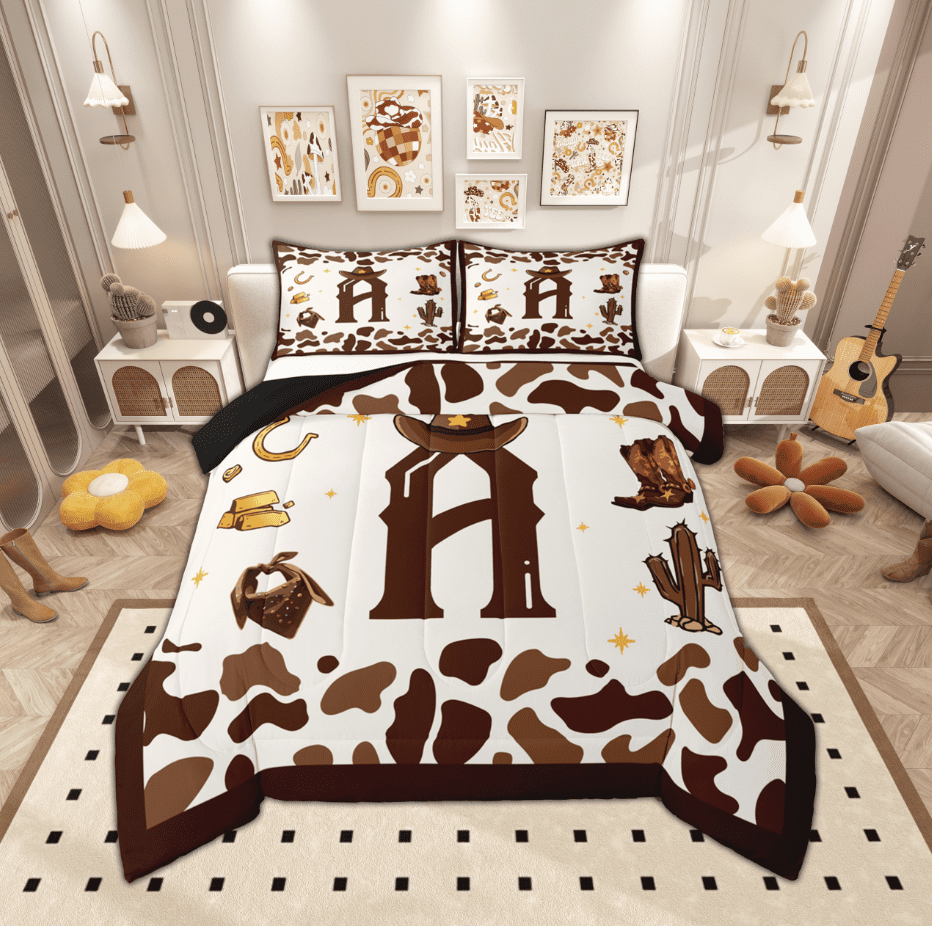 Manfei Brown Monogrammed A Queen Comforter Set, Western Cowgirl Cowboy ...