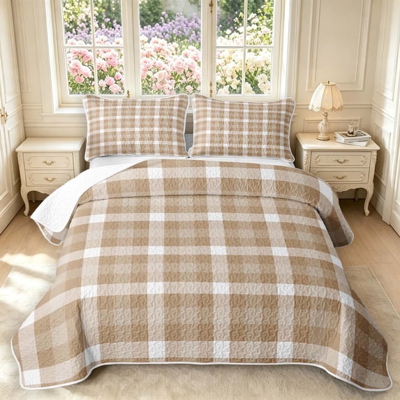 Manfei Brown White Checkered Bed Spread Queen,Rustic Plaid Queen ...