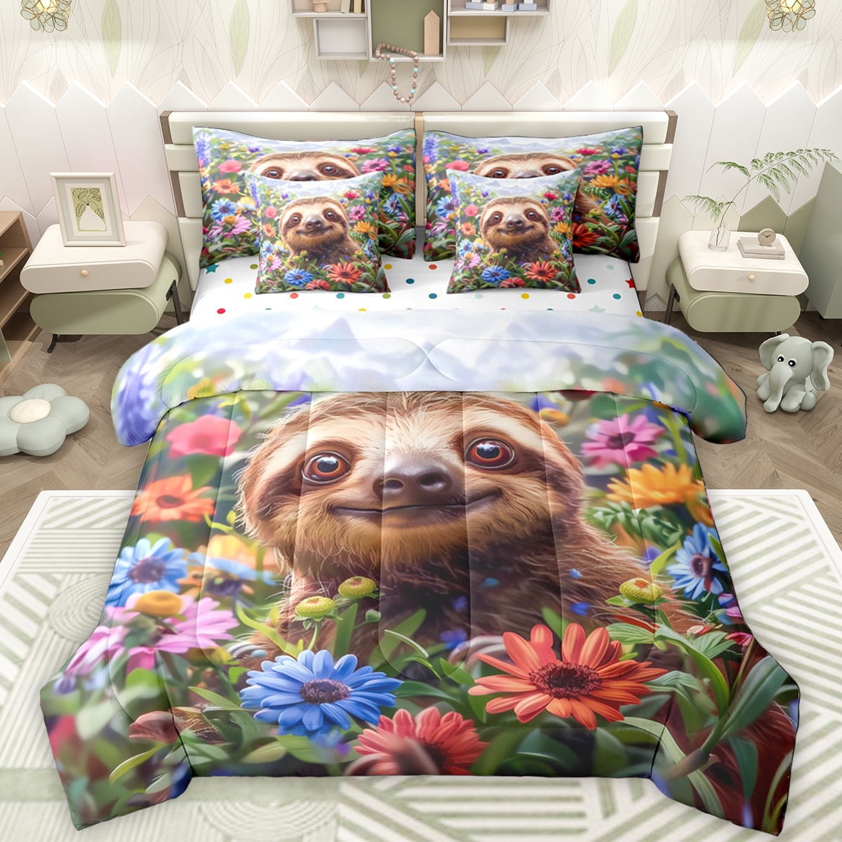 Manfei Brown Wild Sloth 7pcs Bedding Comforter Set,Colorful Floral ...