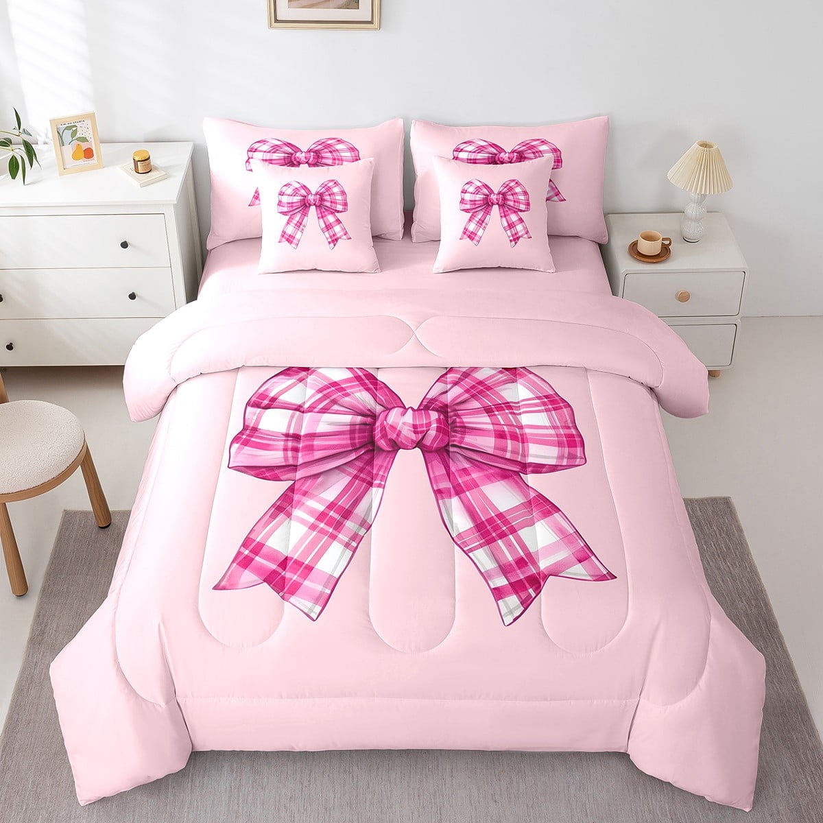 Feelyou Buffalo Bowknot Twin Bedding Sets 7-Piece, Kawaii Ribbon ...