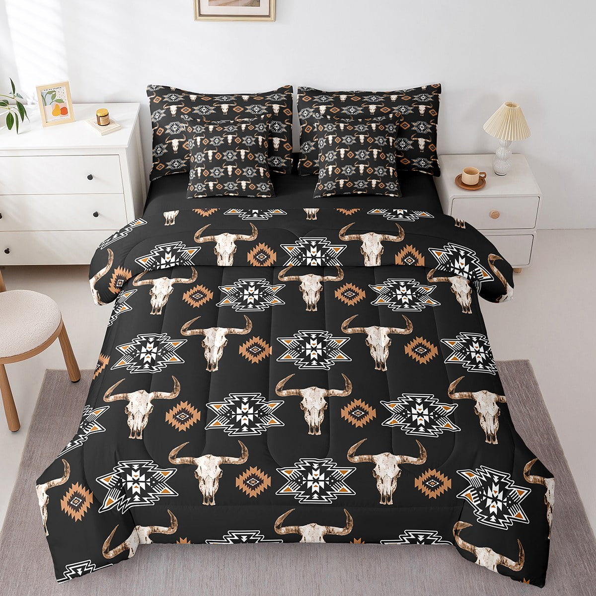 Manfei Bull Skull 7 Pieces Bedding Comforter Set,Boho Aztec Full ...
