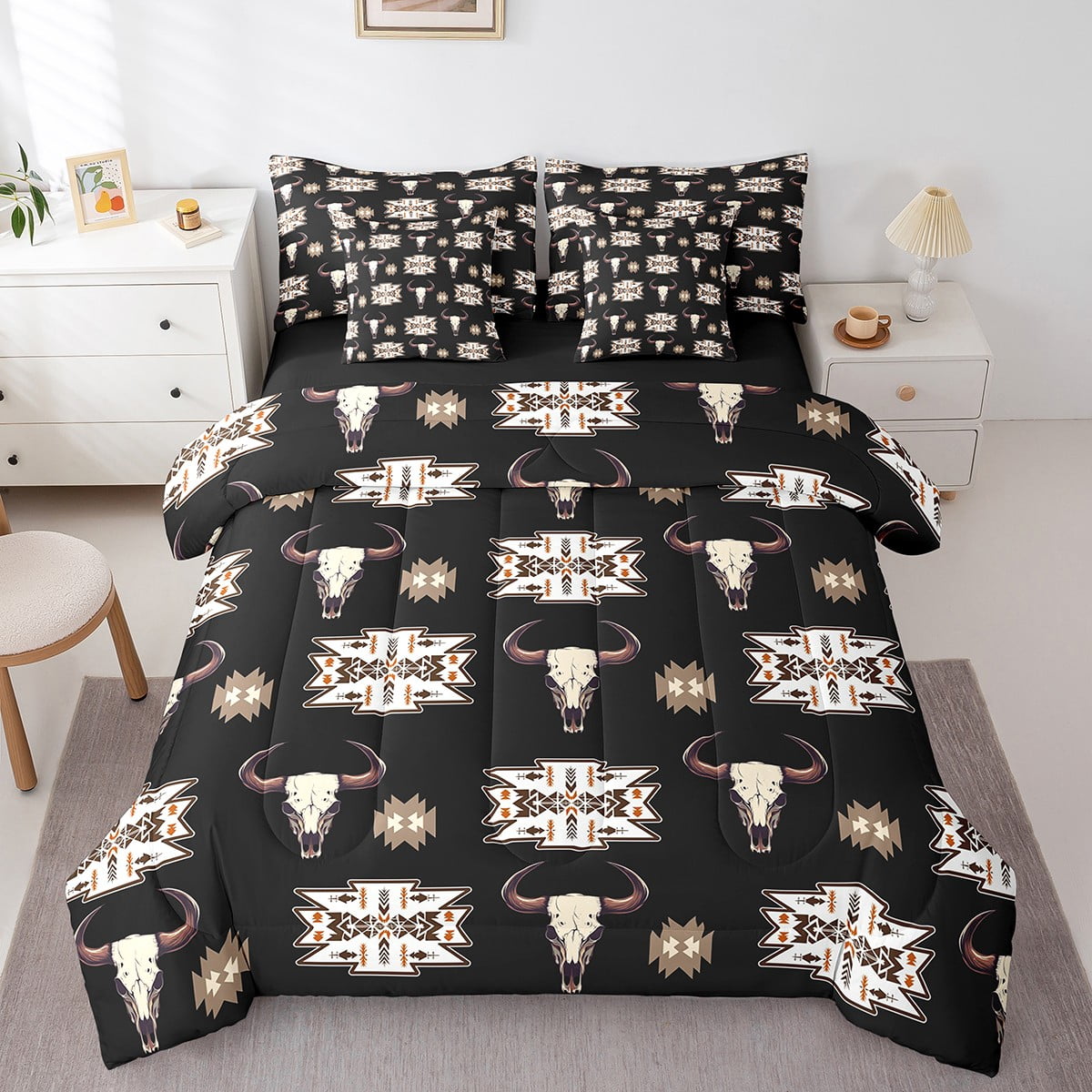 Manfei Bull Skull 7pcs Bedding Comforter Set,Bohemian Aztec Queen ...