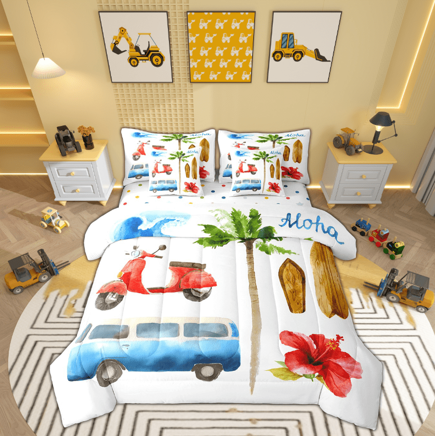 Manfei Bus Vehicle Bedding Sets King Size, Watercolor Cartoon Bed in a ...