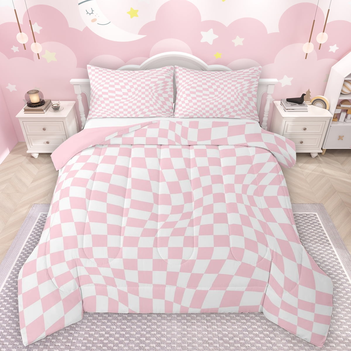 Manfei Calssic Geometric Checkered Queen Comforter Set,Vintage Grid ...