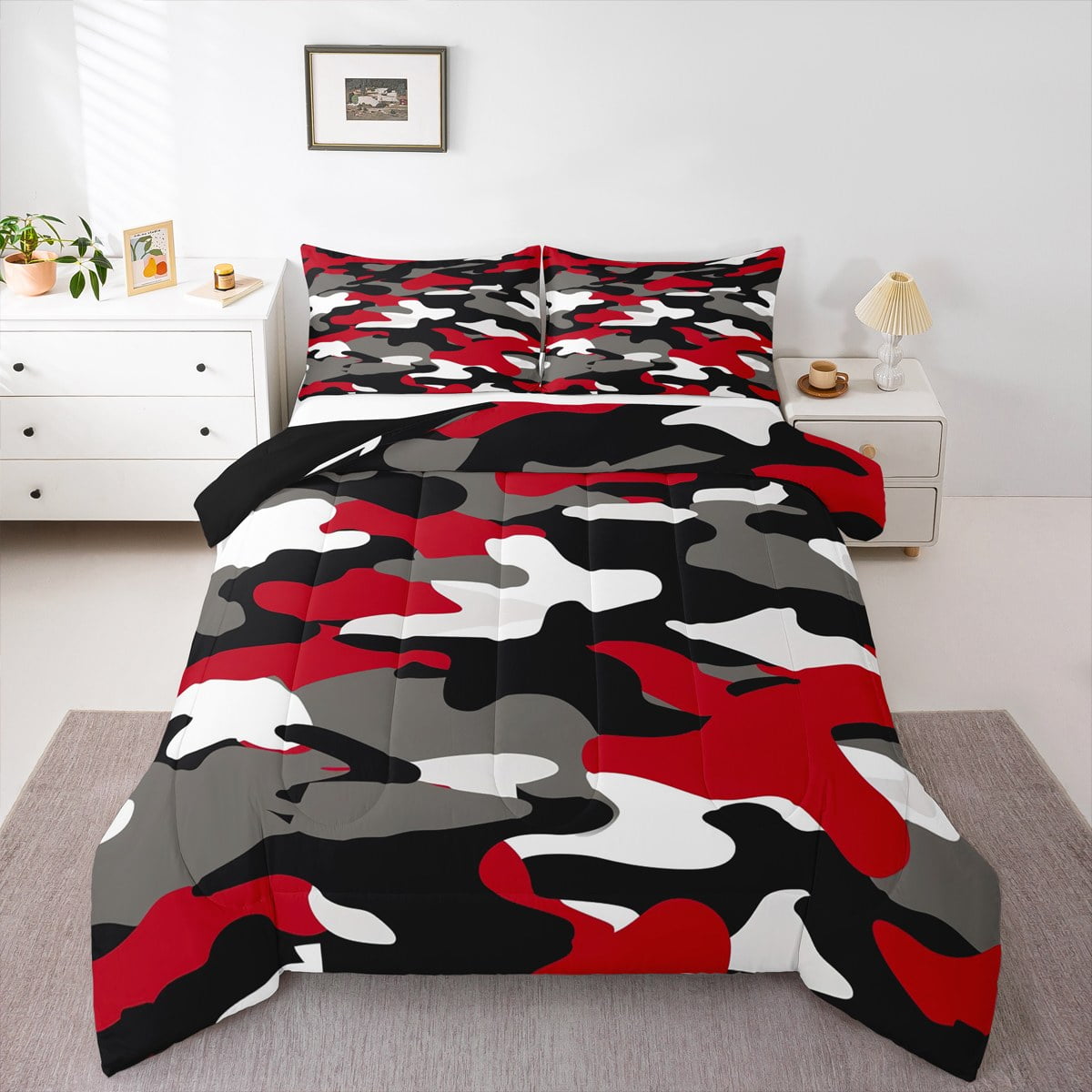 Manfei Camouflage Full Size Comforter Sets for Teens, Grey Red Bedding ...