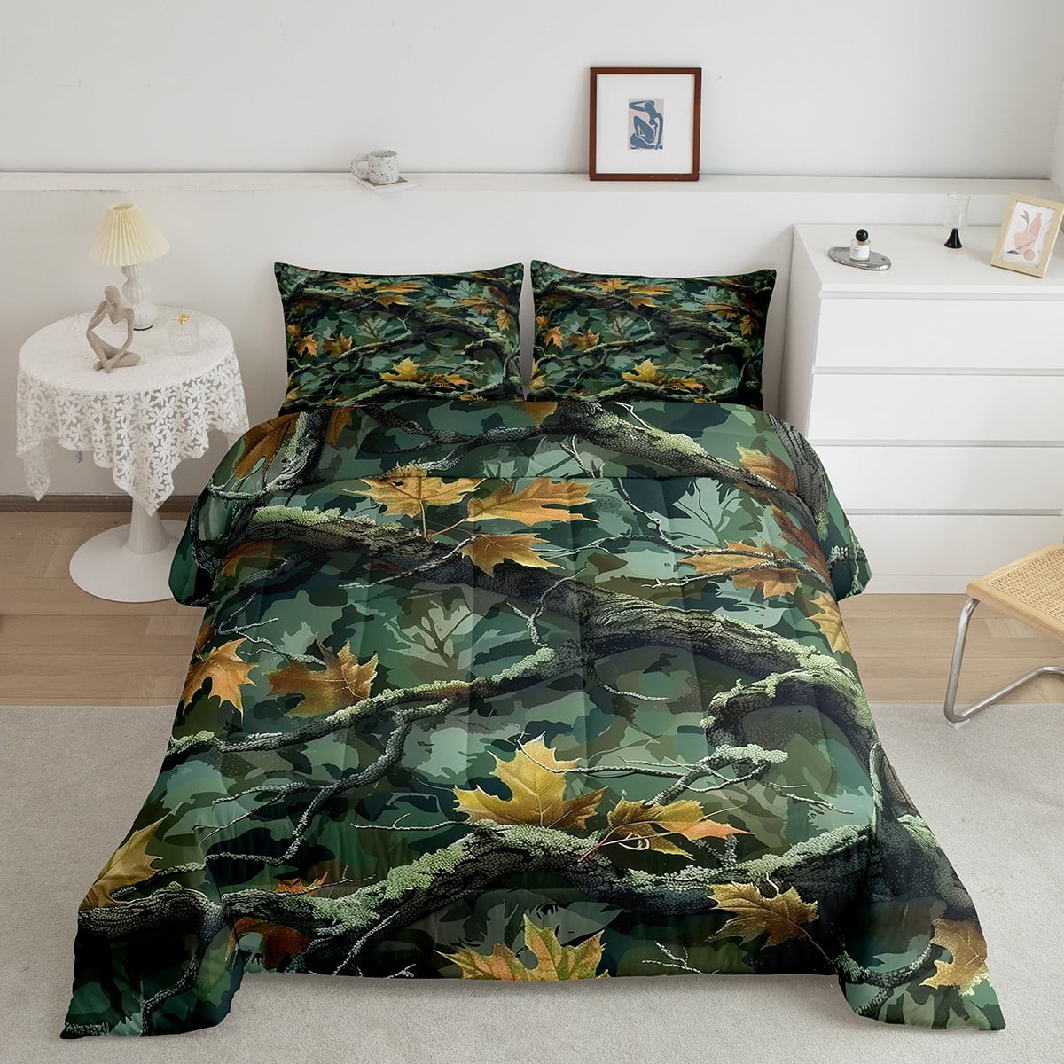 Manfei Camouflage Military Queen Comforter Set,Green Branches Maples ...