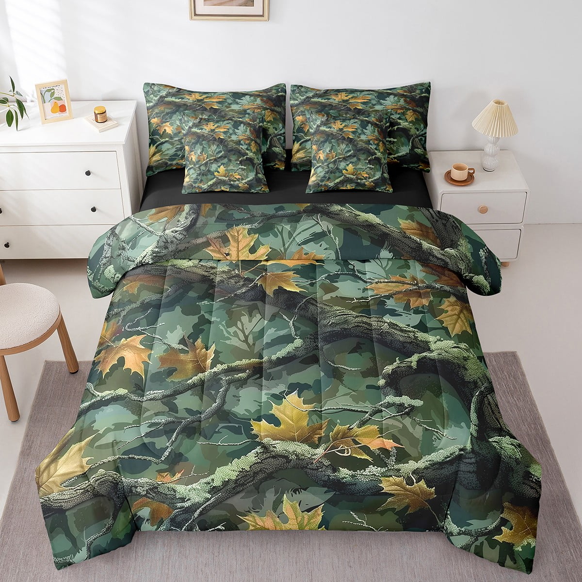 Manfei Camouflage Military Twin Bedding Sets 7 Pieces,Green Branches ...