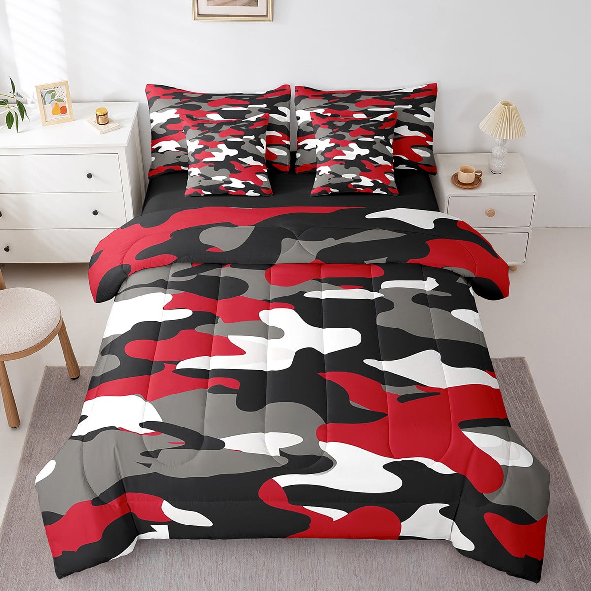 Feelyou Camouflage Twin Bedding Sets 7-Piece for Teens, Grey Red ...