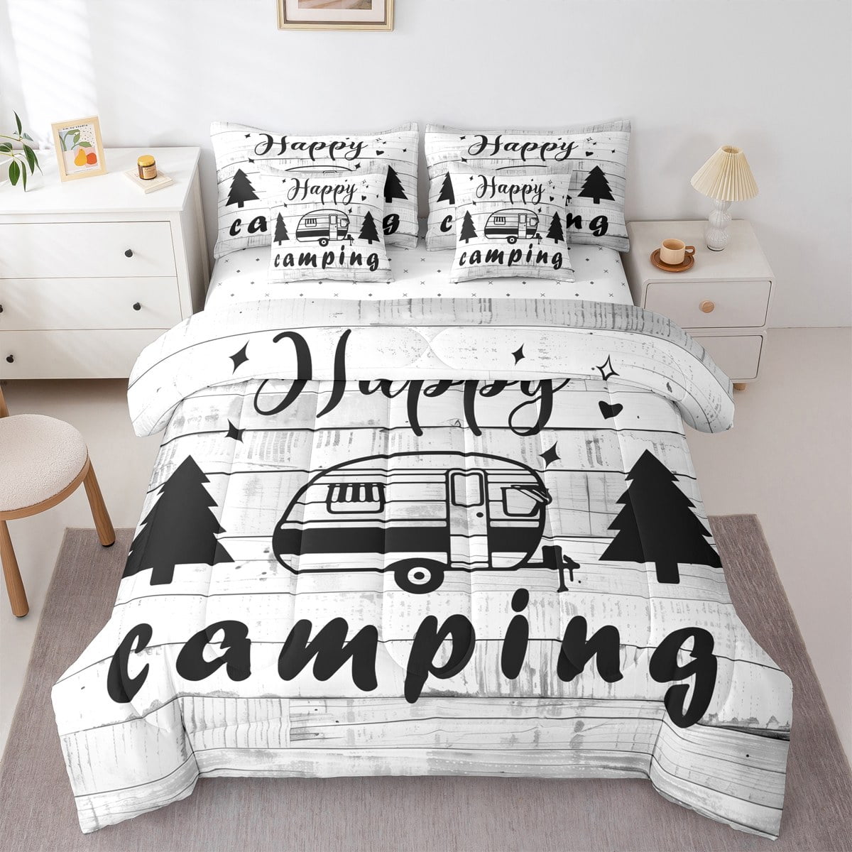 Manfei Camper Theme 7pcs Bedding Comforter Set,Camping Adventure Queen Bedding Sets,Cartoon Pine ...