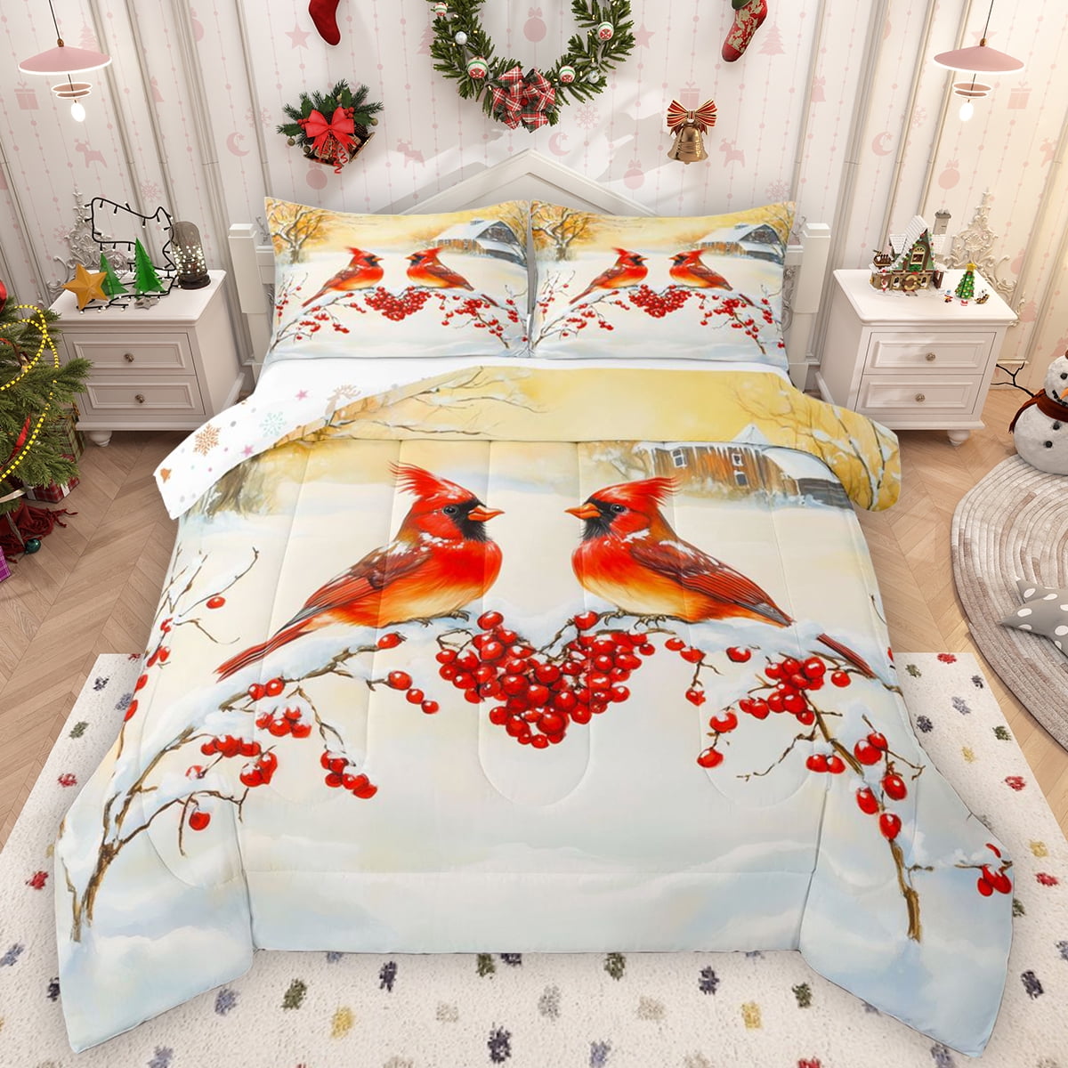 Manfei Cardinal Bird Queen Comforter Set,Merry Christmas Bedding Sets ...