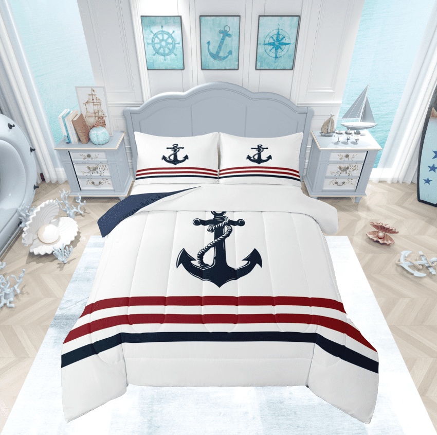 Manfei Cartoon Anchor Bedding Sets Twin with Comforter, Navy Red ...