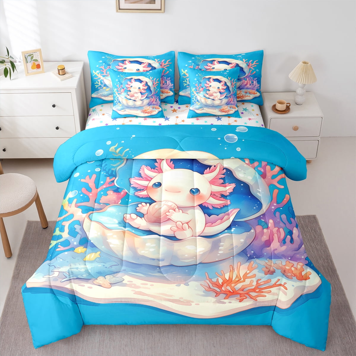 Manfei Cartoon Animal Axolotl 7-Piece Twin Bedding Sets,Sea Shell Coral ...