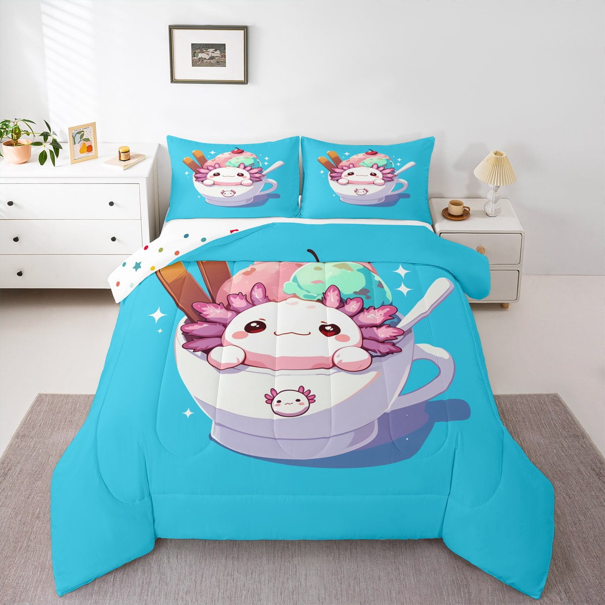 Manfei Cartoon Axolotl 3 Pieces Queen Comforter Set,Kawaii Salamander Ultra Soft Bedding Sets ...