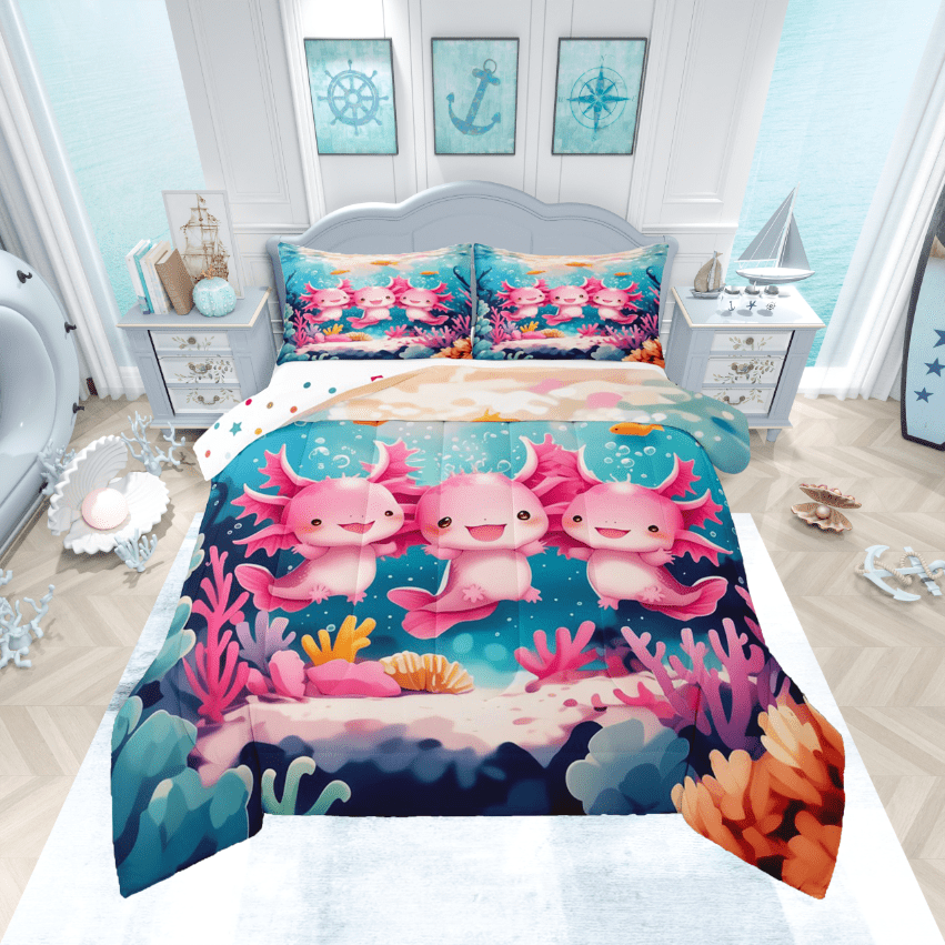Manfei Cartoon Axolotl 3 Pieces Queen Comforter Set,Underwater World Bedding Sets,Pink Blue ...