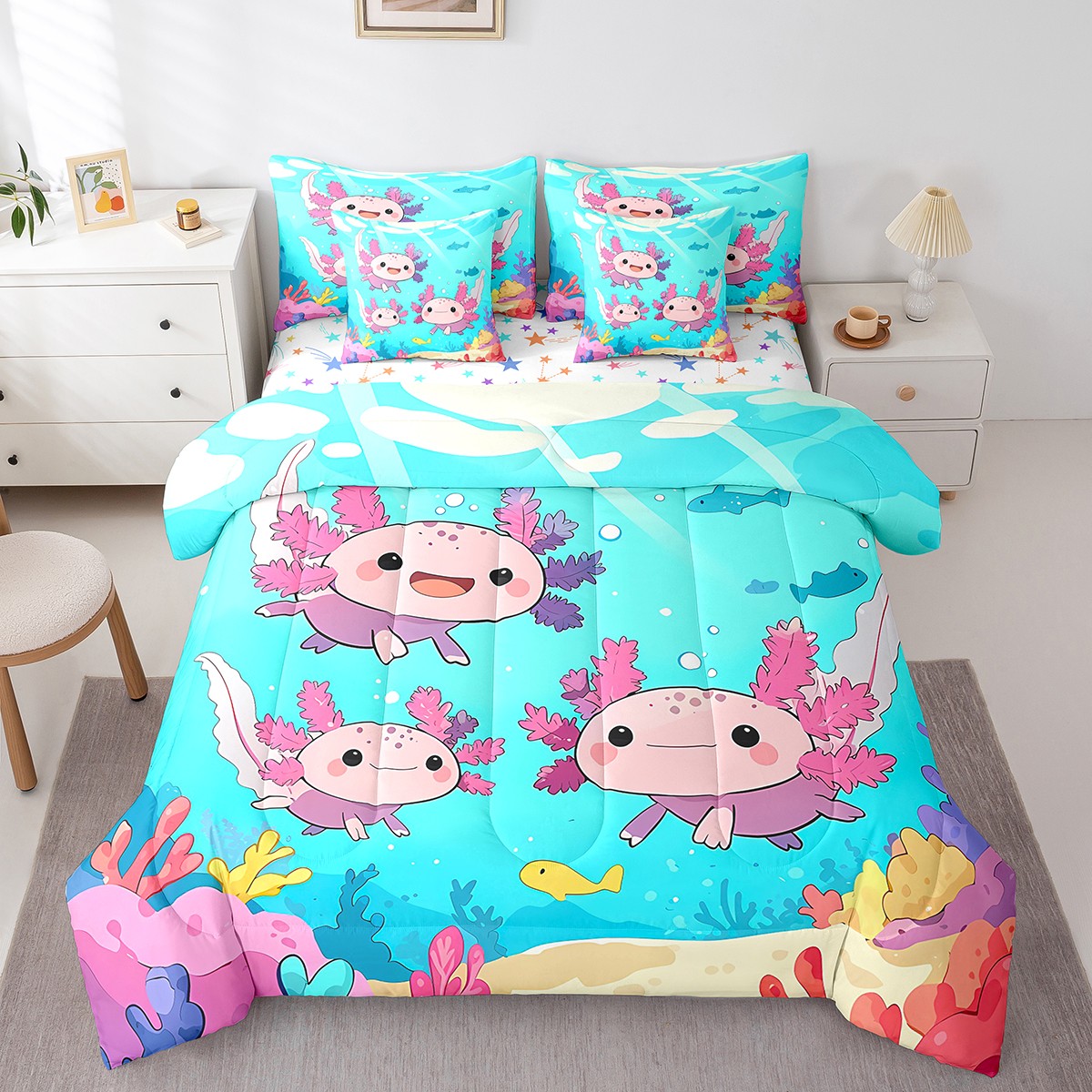 Manfei Cartoon Axolotl Bedding Full Size, Blue Pink Bedding Sets Full ...