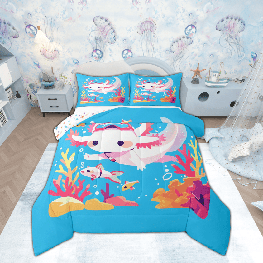 Manfei Cartoon Axolotl Queen Comforter Set for Kid, Ocean Marine Coral ...