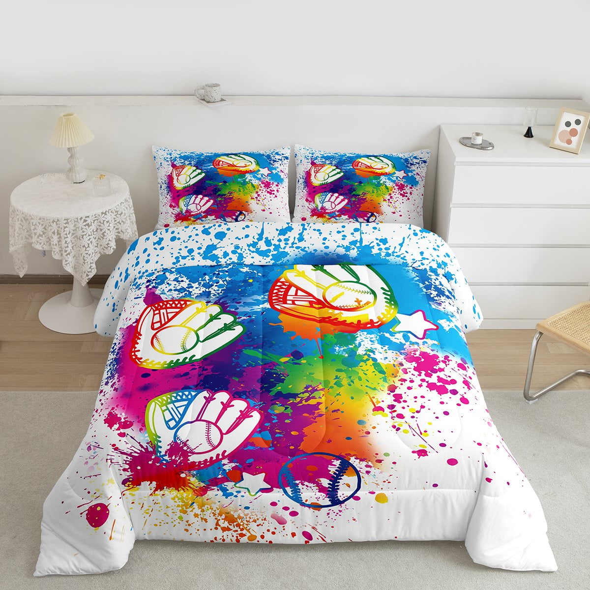 Manfei Cartoon Baseball Bedding Comforter Set for Kids, Blue Pink ...