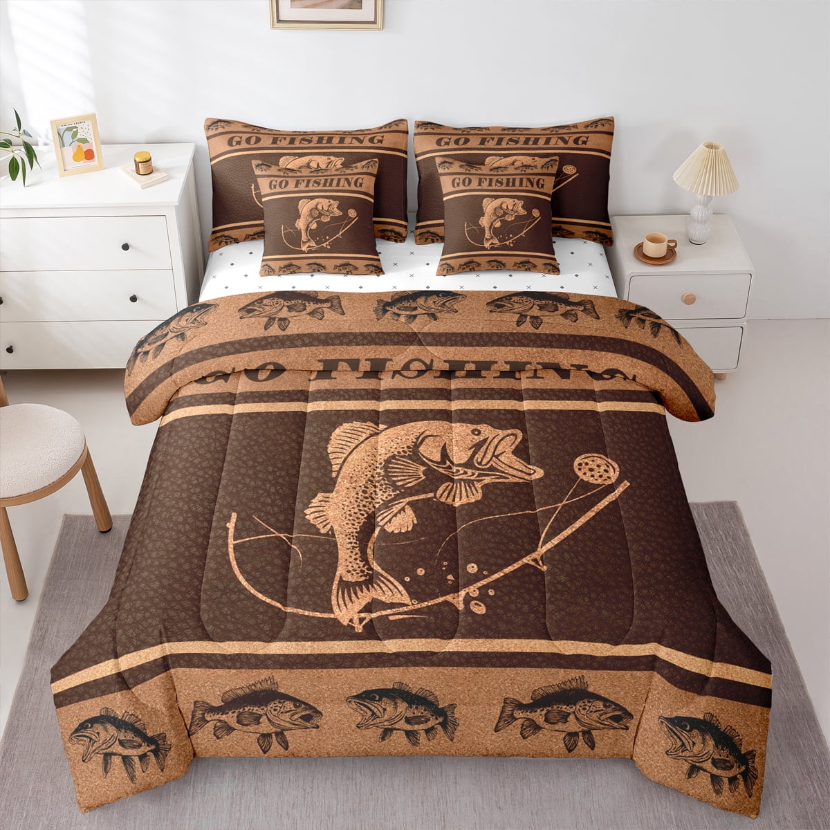 Manfei Cartoon Bass Fish Bedding Comforter Set 7pcs for Teen, Rustic ...