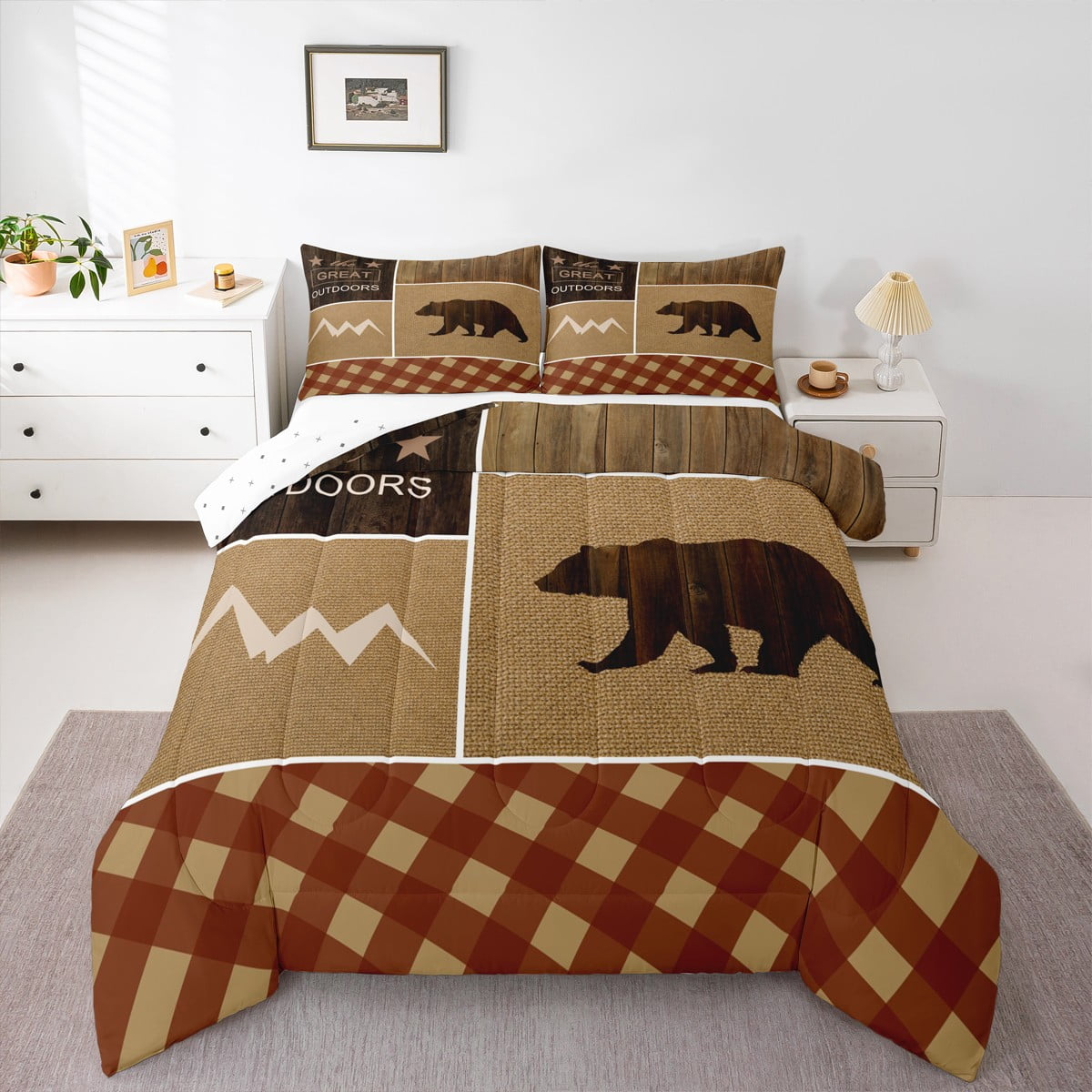 Manfei Cartoon Bear Print Queen Comforter Set for Kids, Brown Red ...
