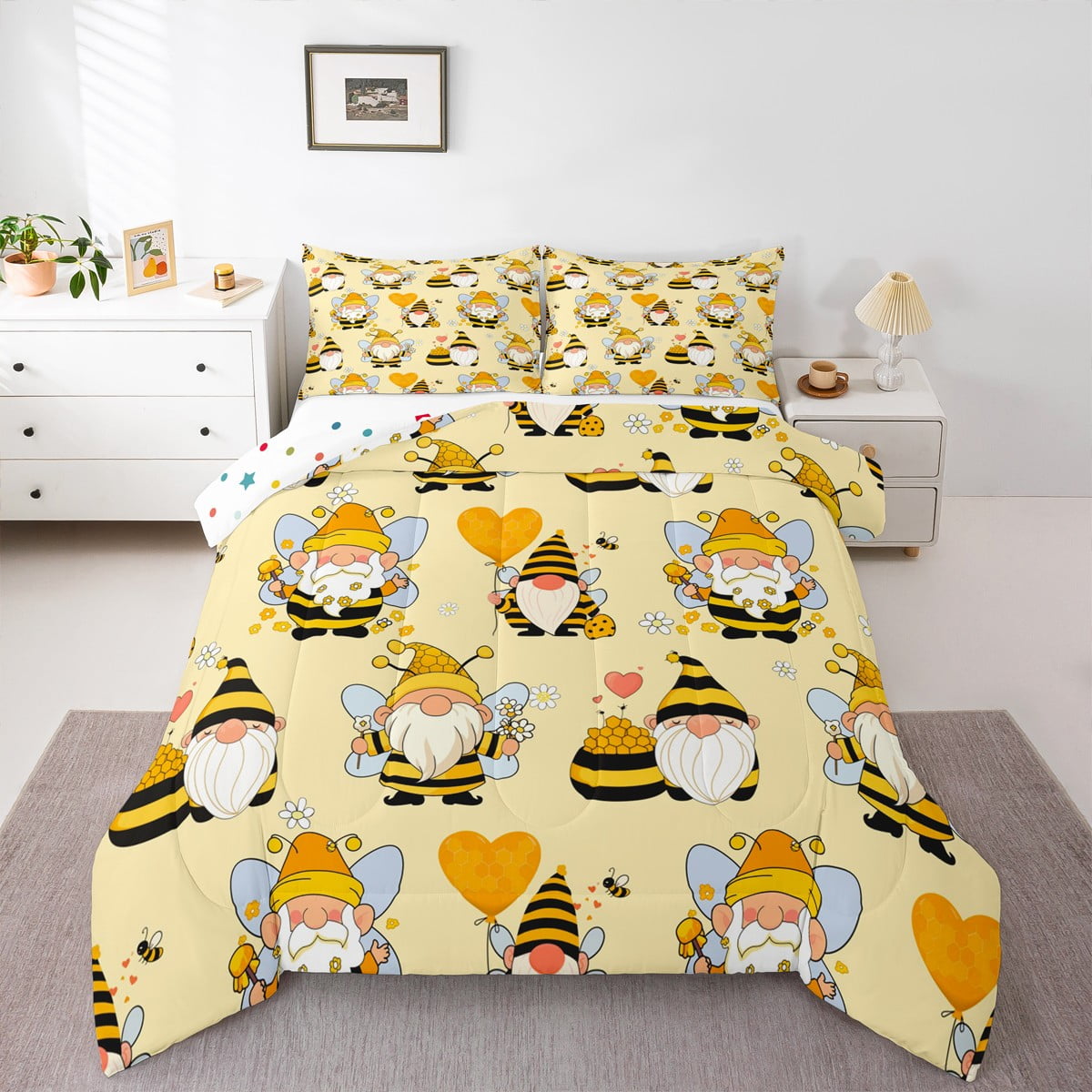 Manfei Cartoon Bee Gnome Full Size Comforter Sets,Heart Bollon Bedding ...