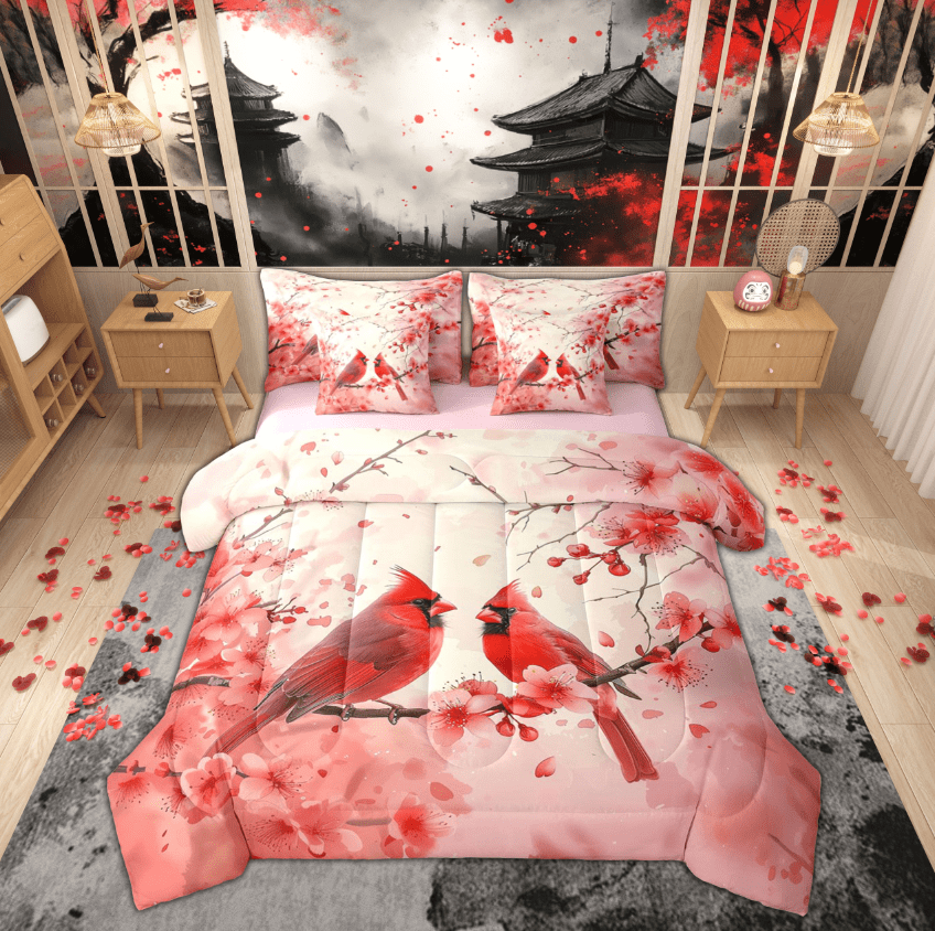 Manfei Cartoon Bird Child Bedding Comforter Set 7-Piece, Pink Blossoms ...