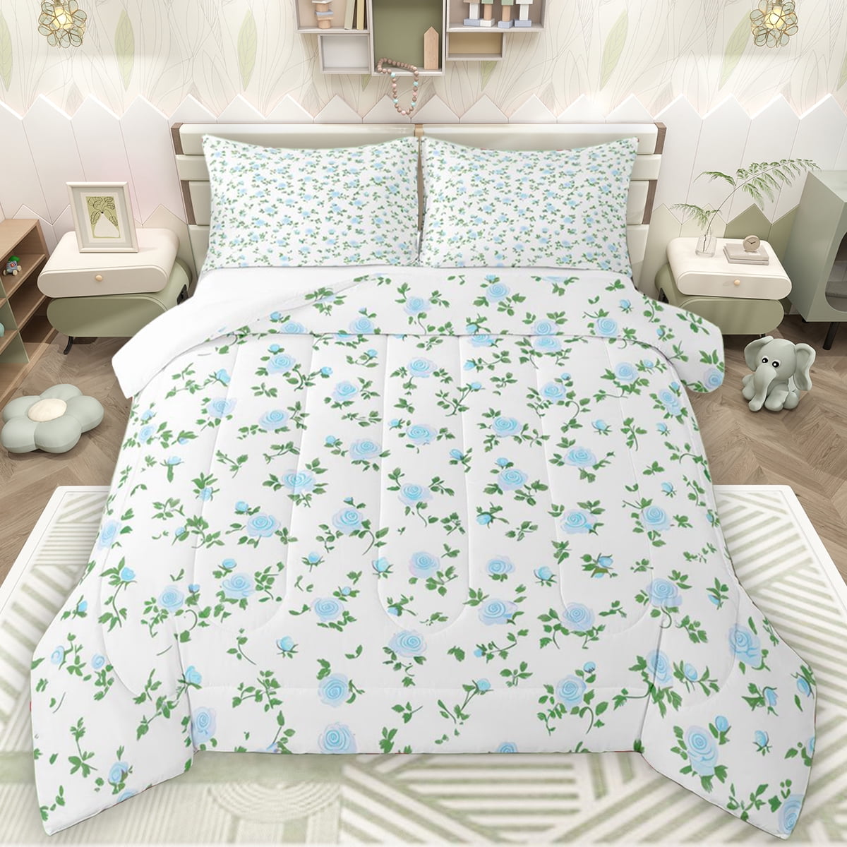 Manfei Cartoon Blue Rose Bedding Comforter Set for Teens, Leaf Plant ...