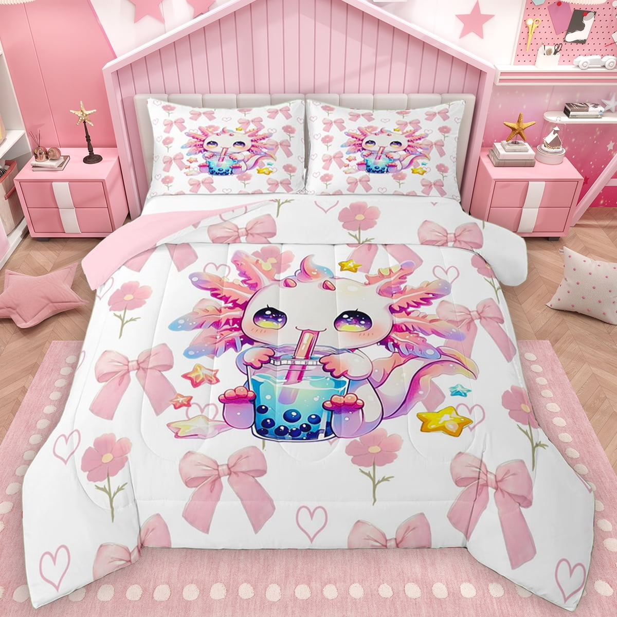 Manfei Cartoon Boba Axolotl Queen Comforter Set for Teens, Cute Flower ...