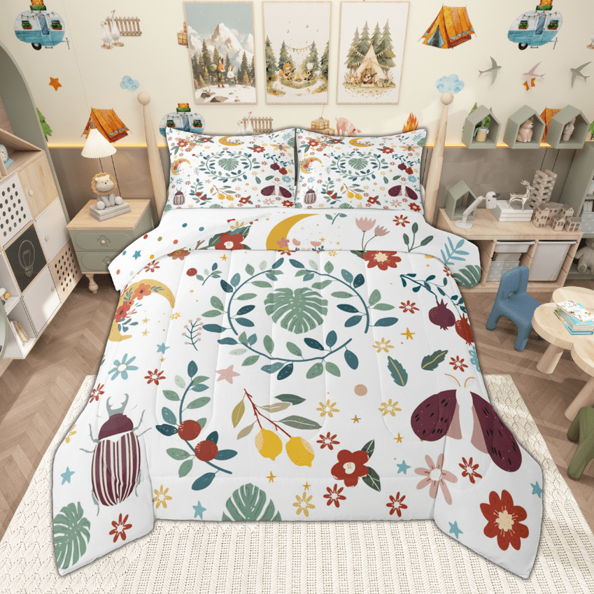 Manfei Cartoon Botanical Plant Bedding Comforter Set, Leaves Blossoms ...